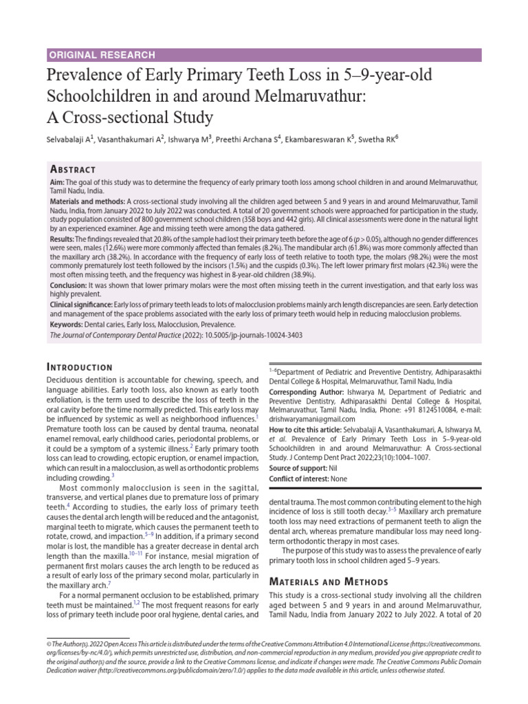 Prevalence of Early Primary Teeth Loss in 5-9-Year-Old Schoolchildren ...