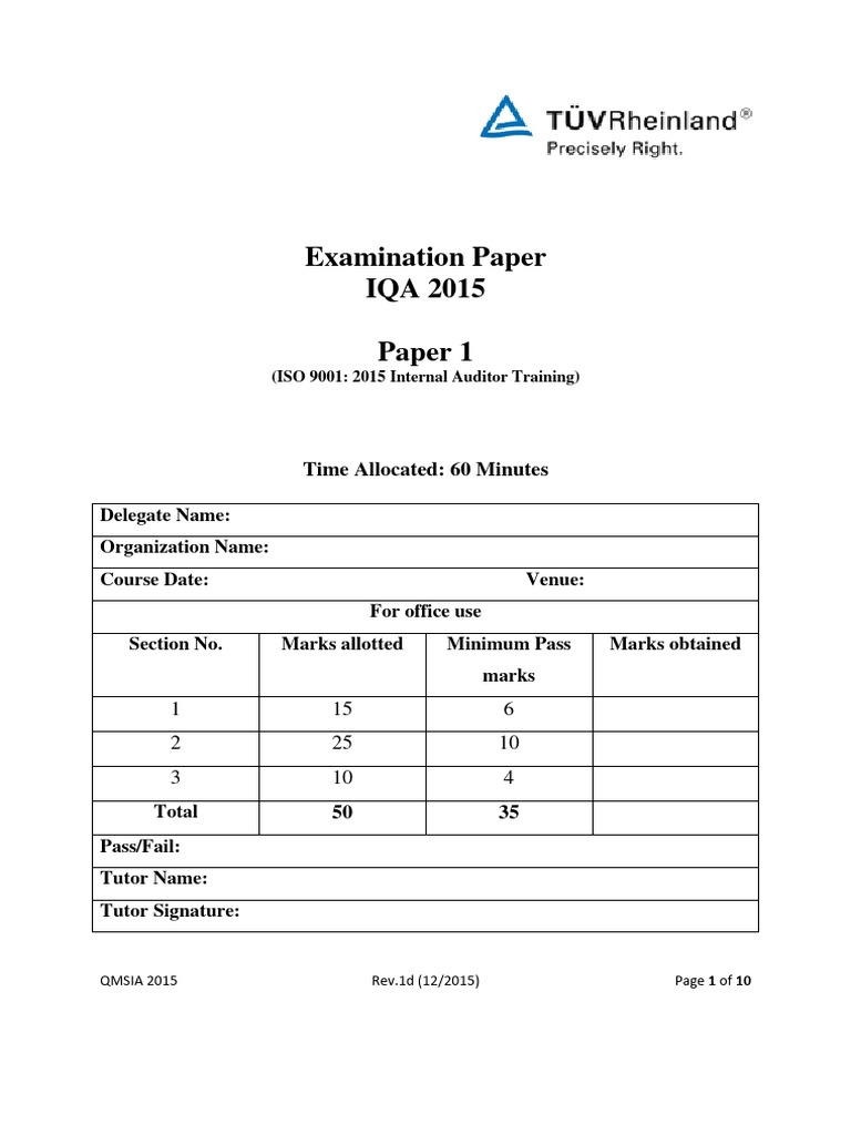 Exam IQA 2015 Rev.01 | PDF | Audit | Iso 9000