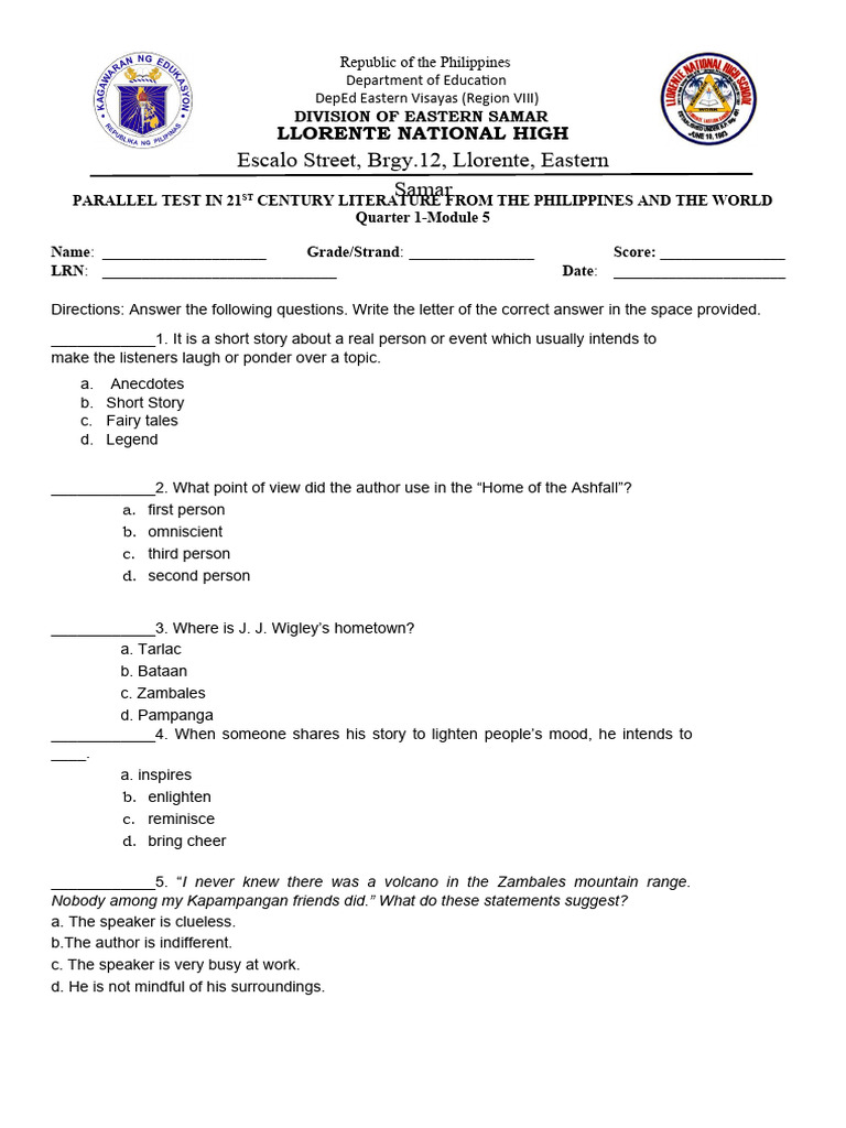 Grade 11 Literature Quiz | PDF | Psychological Concepts | Psychology