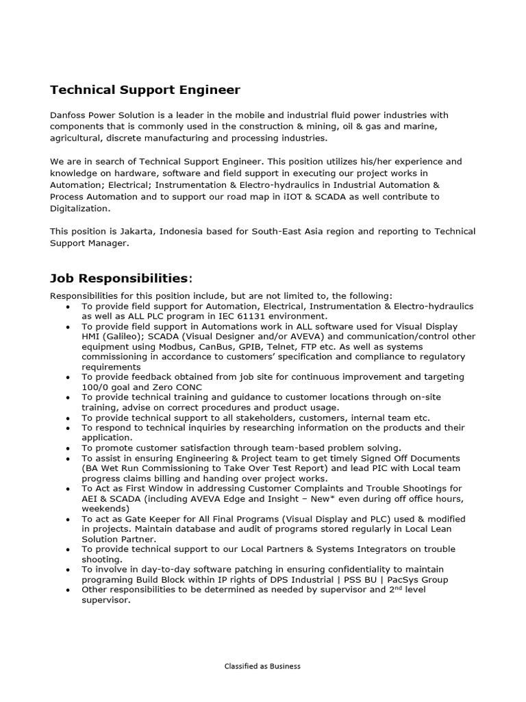 Techncial Support Engineer - Danfoss Indonesia (Job Description) | PDF | Automation ...