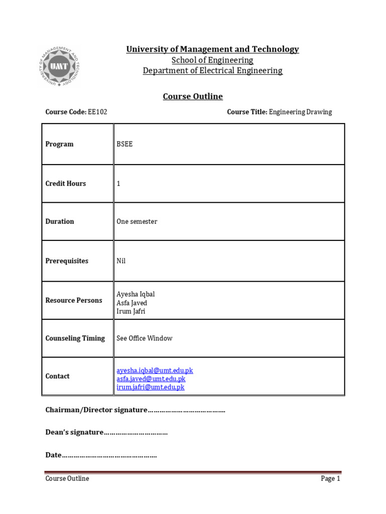 EE102 Engg Drawing Course Outline Spring 18 | PDF | Engineering