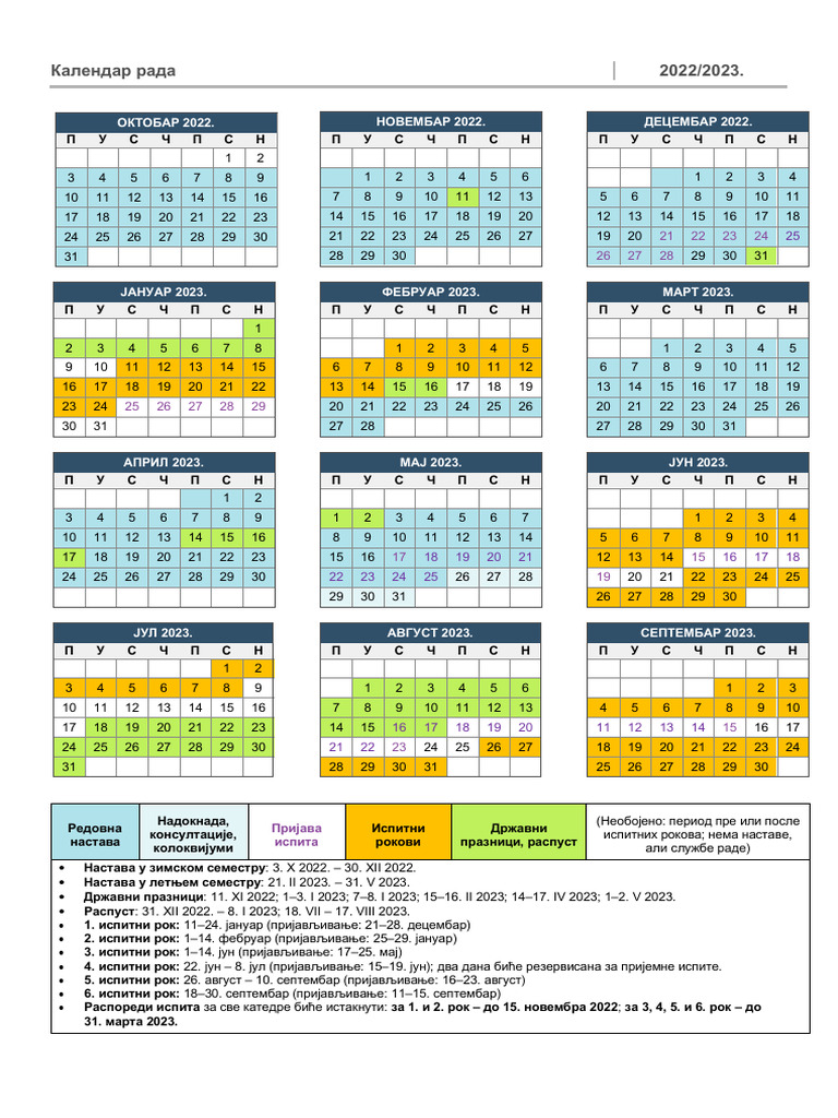 Kalendar Rada Za Školsku 2022-23. Godinu | PDF