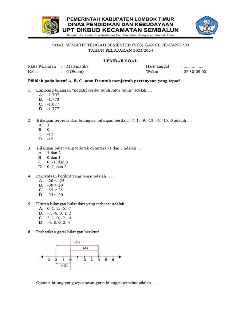 SOAL STS MTK Kelas 6 | PDF