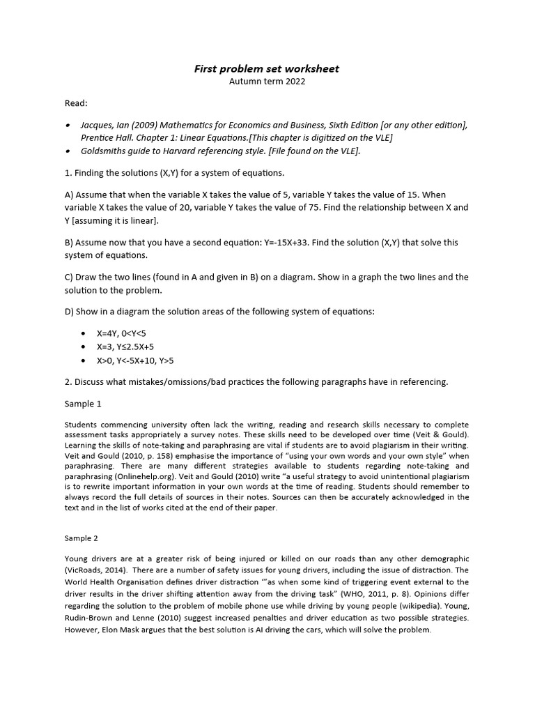 Autumn 2022 Math Problem Set Worksheet | PDF | Equations | Cognition