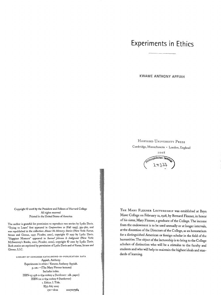 Kwame Anthony Appiah - Experiments in Ethics (The Mary Flexner Lectures) EXCERPT | PDF