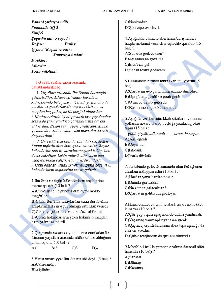 5-11-ci sinif (Az.dili.SQ-2.Summativ qiy).docx | PDF