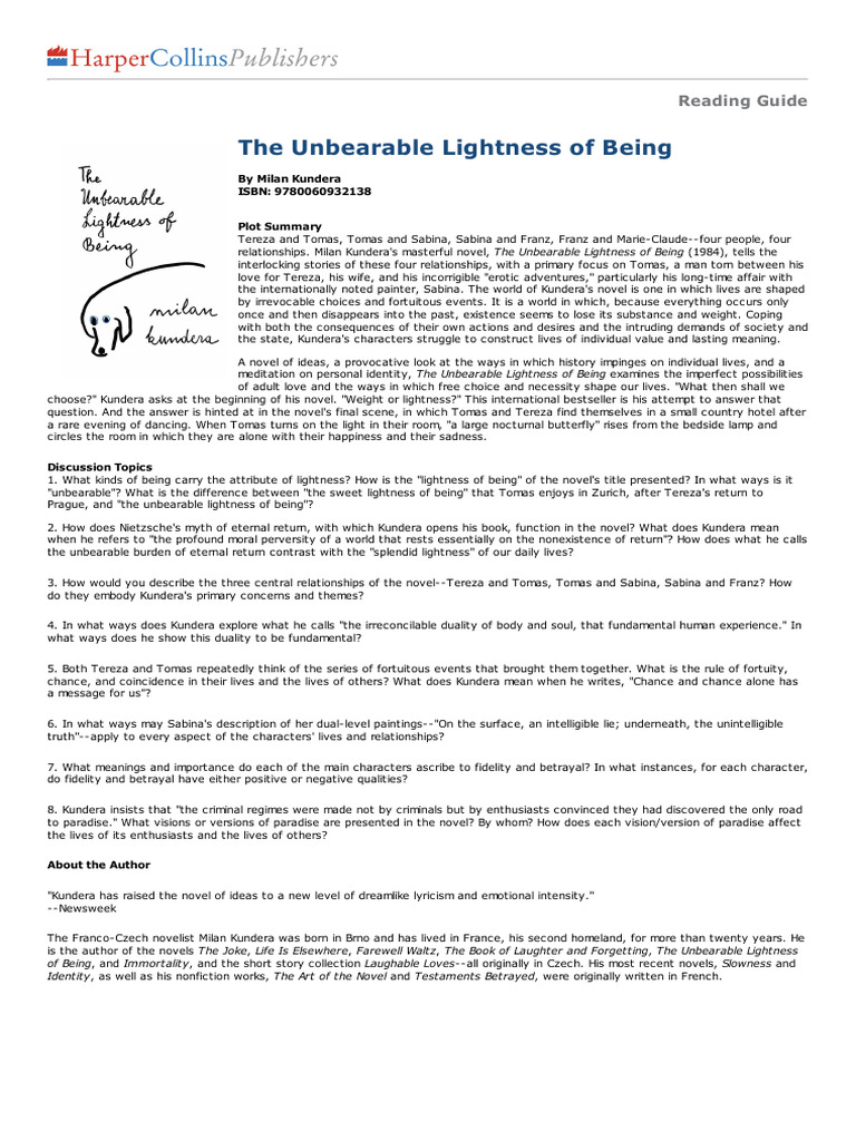 The Unbearable Lightness of Being - Reading Guide | PDF