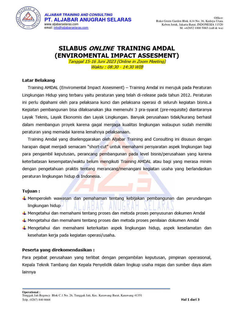 Silabus Online Training AMDAL (Environmental Impact Assessment) - Aljabar T&C | PDF