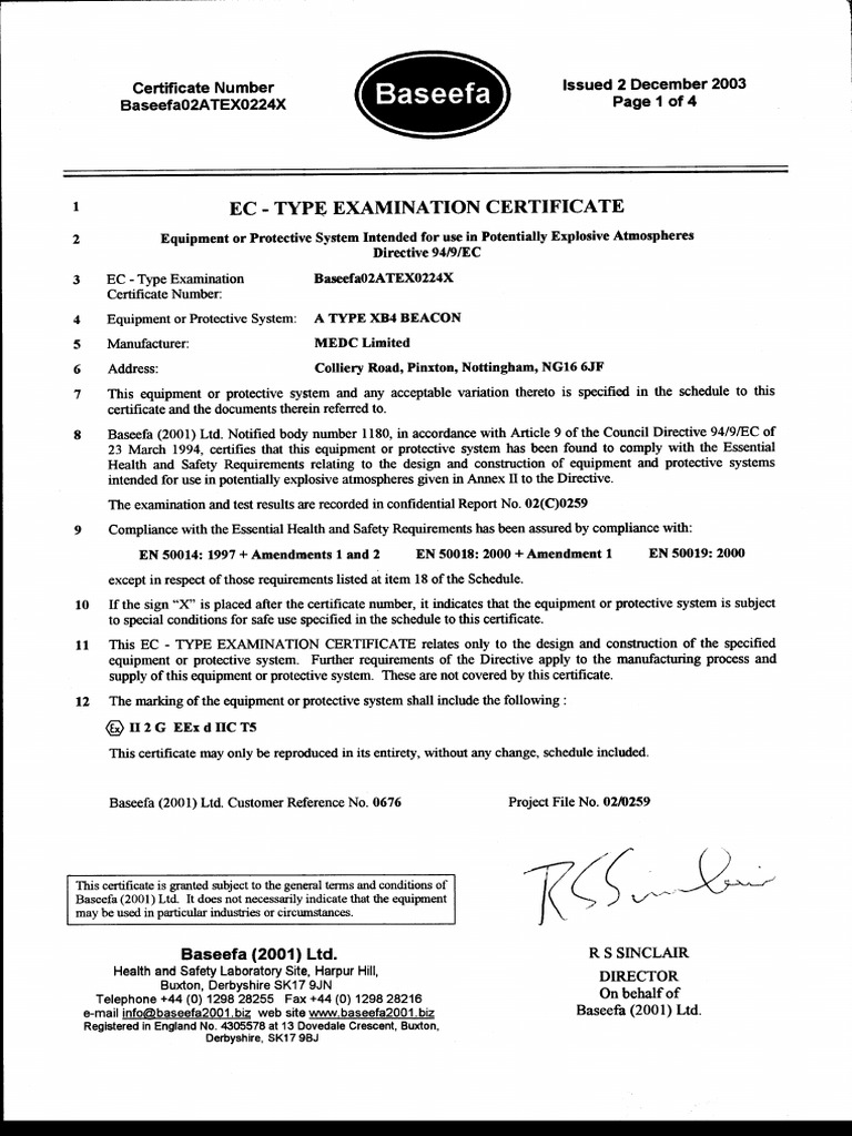 Baseefa 02 Atex 0224X | PDF