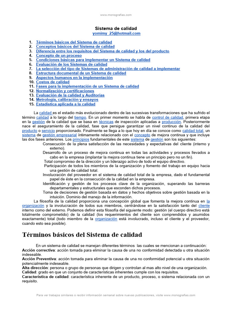 Monografia Sistema de Calidad | Descargar gratis PDF | Calidad (comercial) | Gestión de la calidad