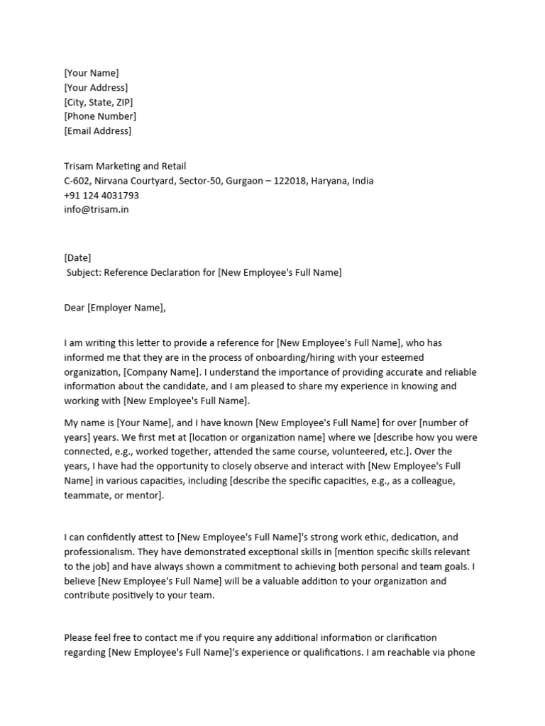 Reference Letter Template - New Employee Onboarding (Trisam) | PDF