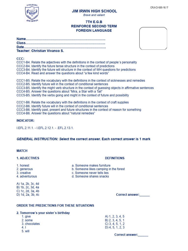 7TH Egb Reinforcement Second Term | PDF | Garlic | Verb