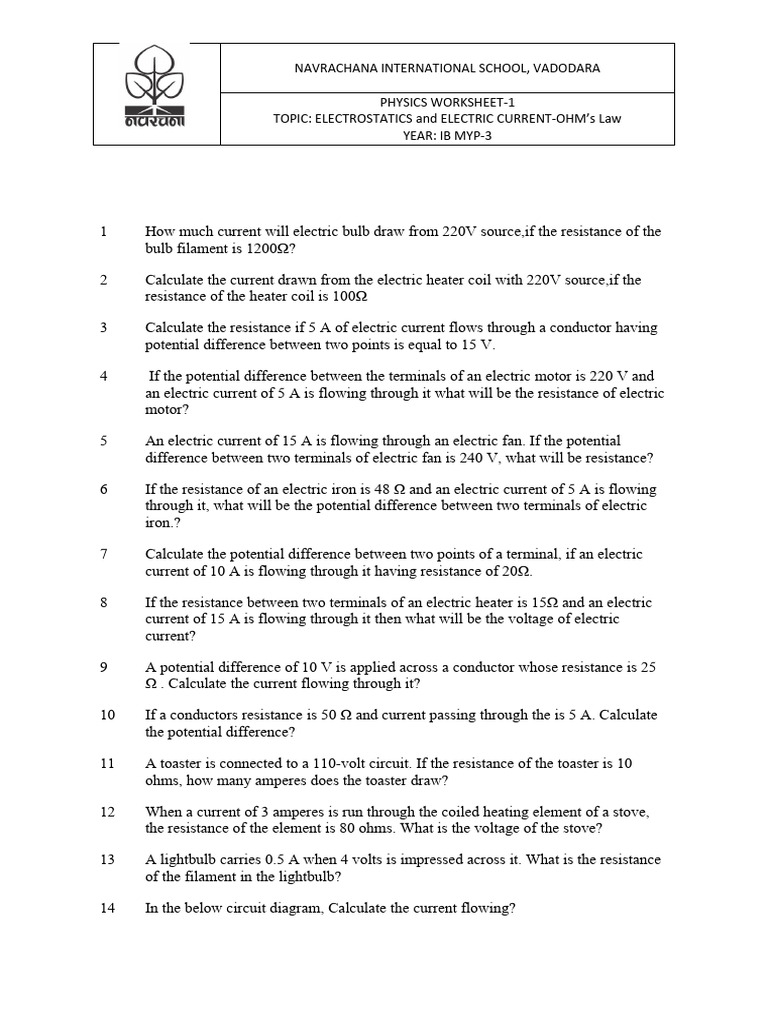 Electricity Worksheet 1 | PDF | Voltage | Electrical Resistance And Conductance