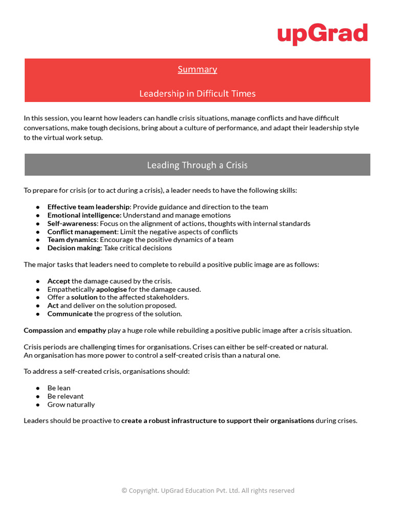 Leadership in Difficult Times - Summary Doc | PDF | Leadership | Copyright