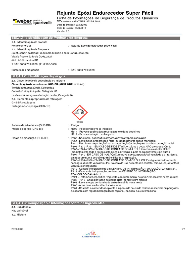 Fispq Rejunte Epóxi Endurecedor Super Fácil | PDF | Primeiros socorros | Queimadura
