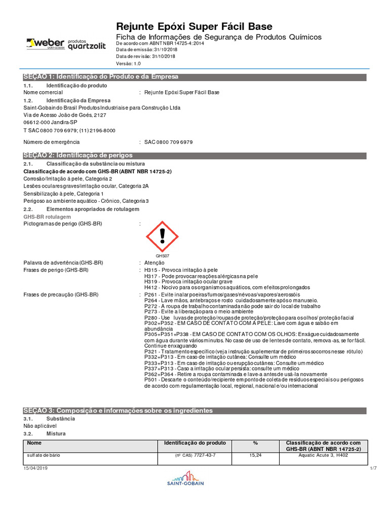 Fispq Rejunte Epóxi Super Fácil Base | PDF | Primeiros socorros | Águas ...