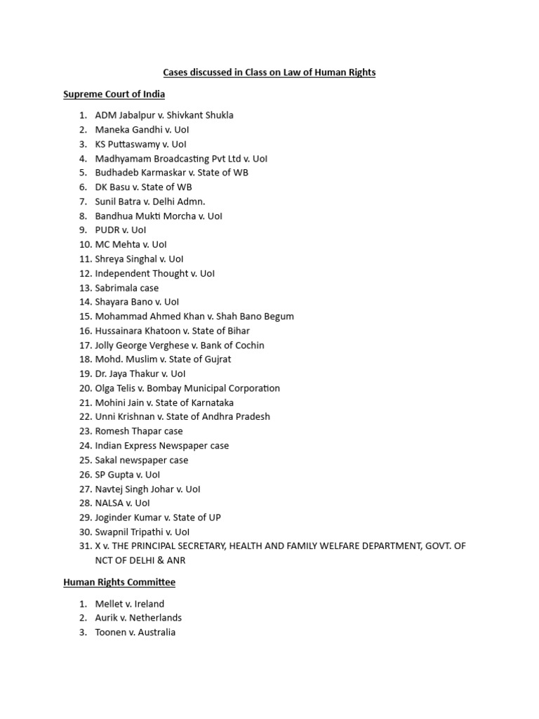 Cases Discussed in Class On Law of Human Rights Supreme Court of India ...
