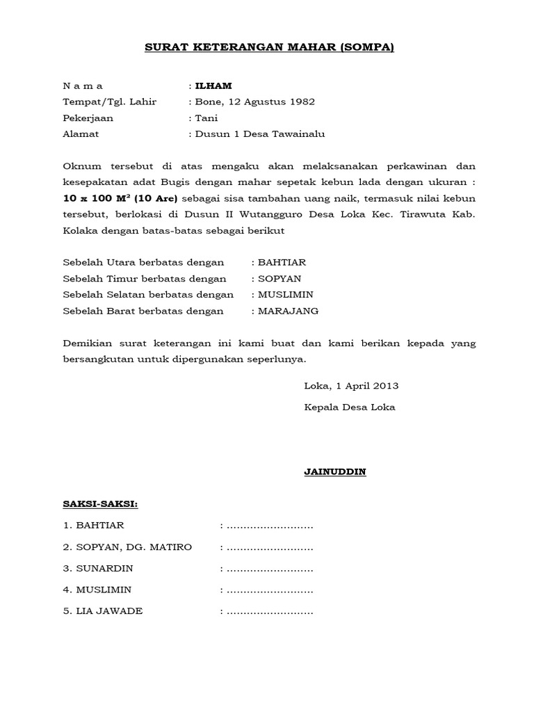 Surat Keterangan Mahar Sompa | PDF