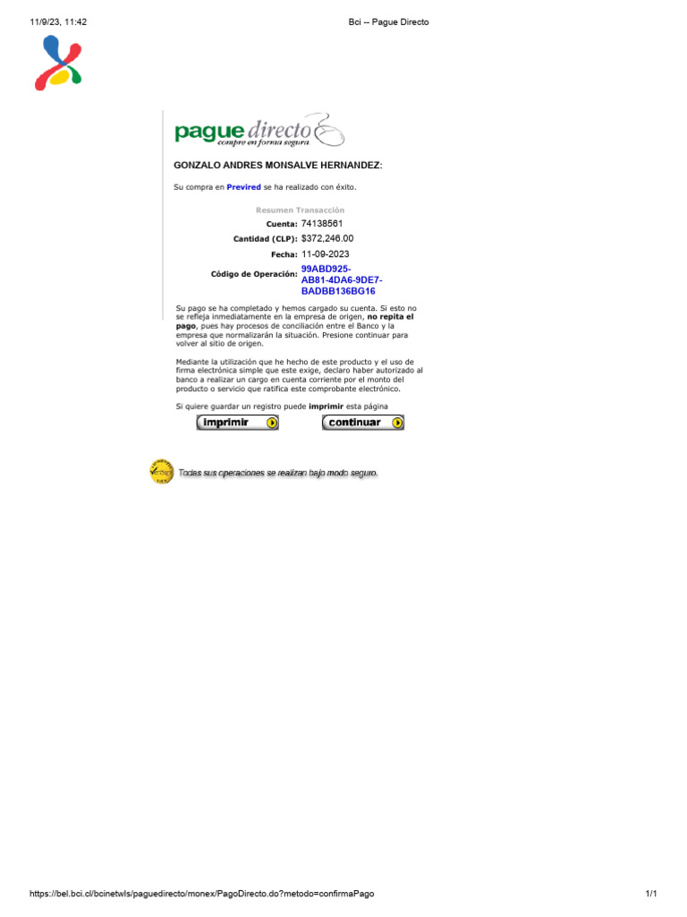 Confirmación de Pago en Previred Bci | PDF