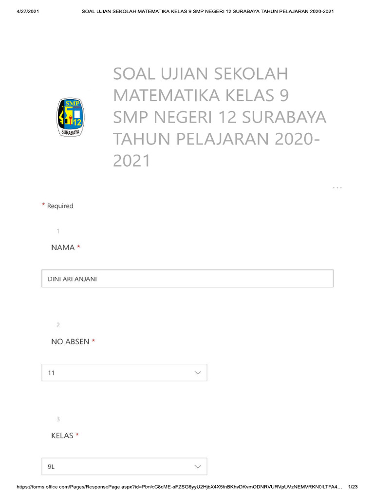 Soal Ujian Sekolah Matematika Kelas 9 S... 12 Surabaya Tahun Pelajaran 2020-2021 | PDF