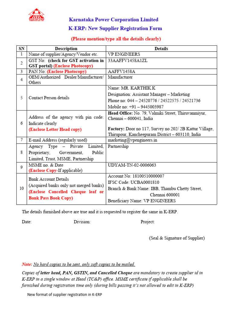 KPCL-Supplier Registration Form | PDF | Cheque | Service Industries