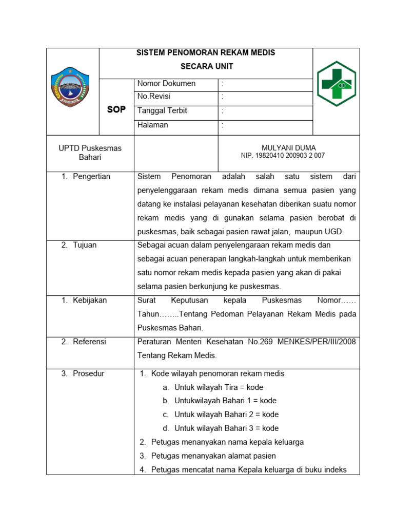 Sop Sistem Penomoran Rekam Medis | PDF