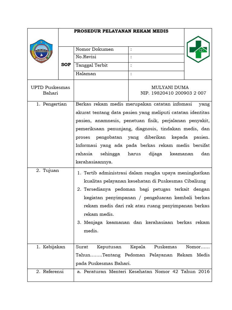 Sop Prosedur Pelayanan Rekam Medis | PDF | Sains & Matematika | Kesehatan Holistik