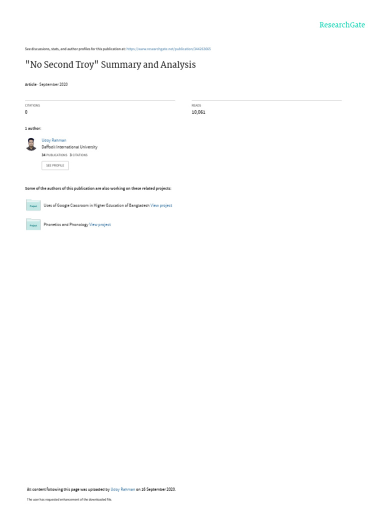 No Second Troy Summary and Analysis | PDF | W. B. Yeats | Helen Of Troy