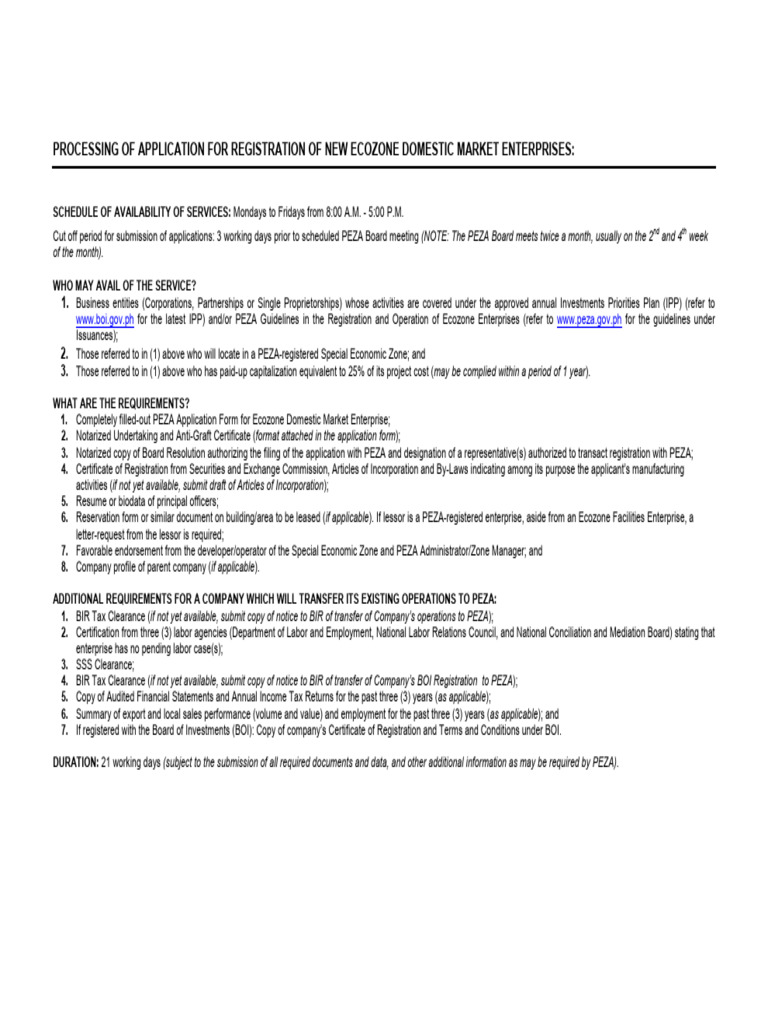 PEZA Registration for Domestic Enterprises | PDF | Business ...