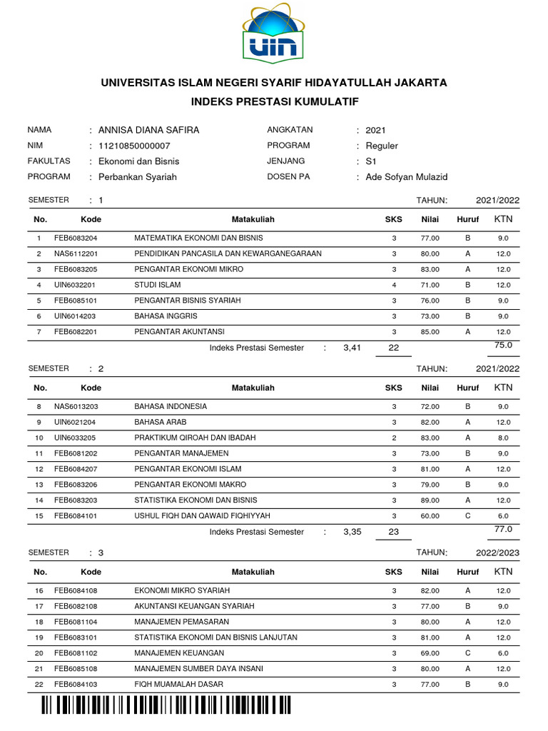 Indeks Prestasi Kumulatif UIN Jakarta | PDF