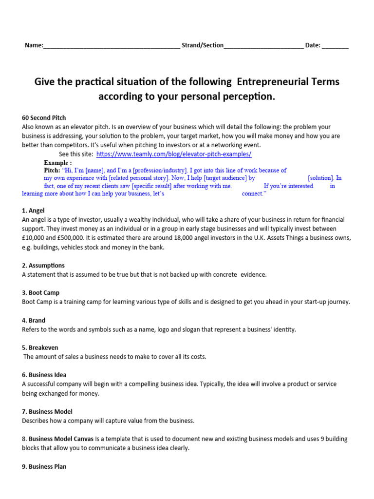 Give The Practical Situation of The Following Entrepreneurial Terms ...