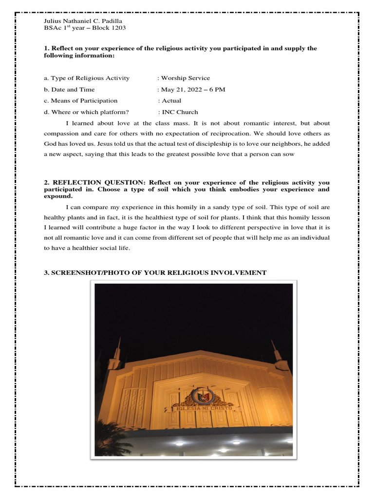 Reflection on Worship Service Experience | PDF