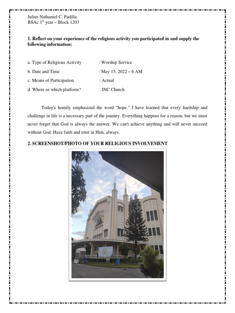 Reflection on Worship Service Experience | PDF
