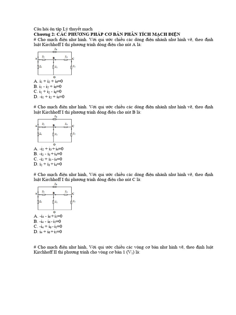 Câu hỏi ôn tập Lý thuyết mạch - C2 - Mathtype | PDF