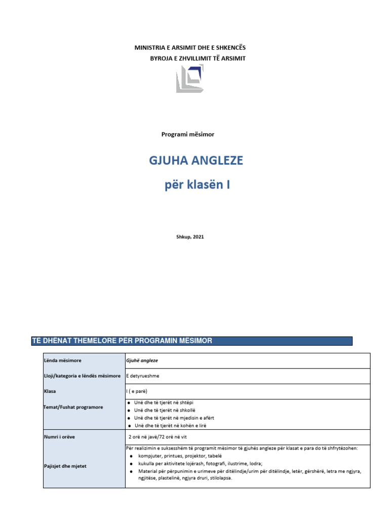 Anglisht Klasa e Pare AZGJ | PDF