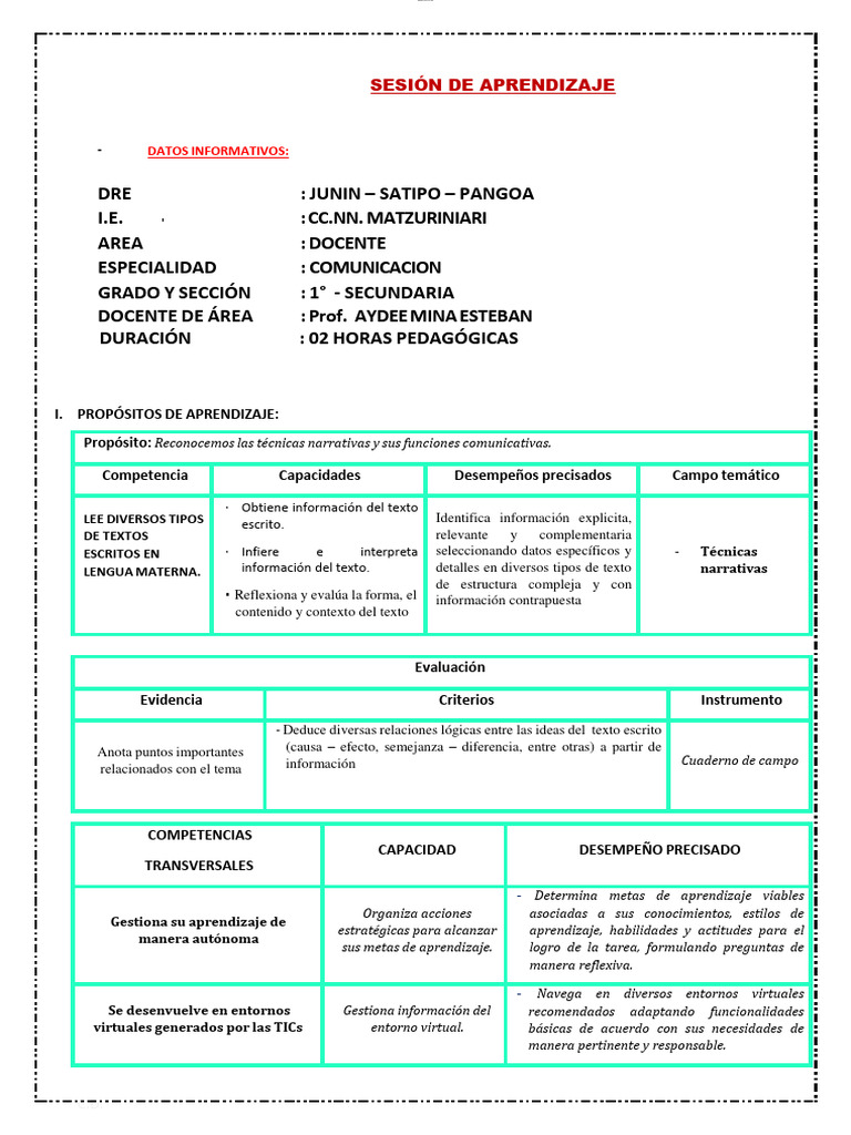 Sesion-De-Aprendizaje - Comunicacion | PDF | Aprendizaje | Narración