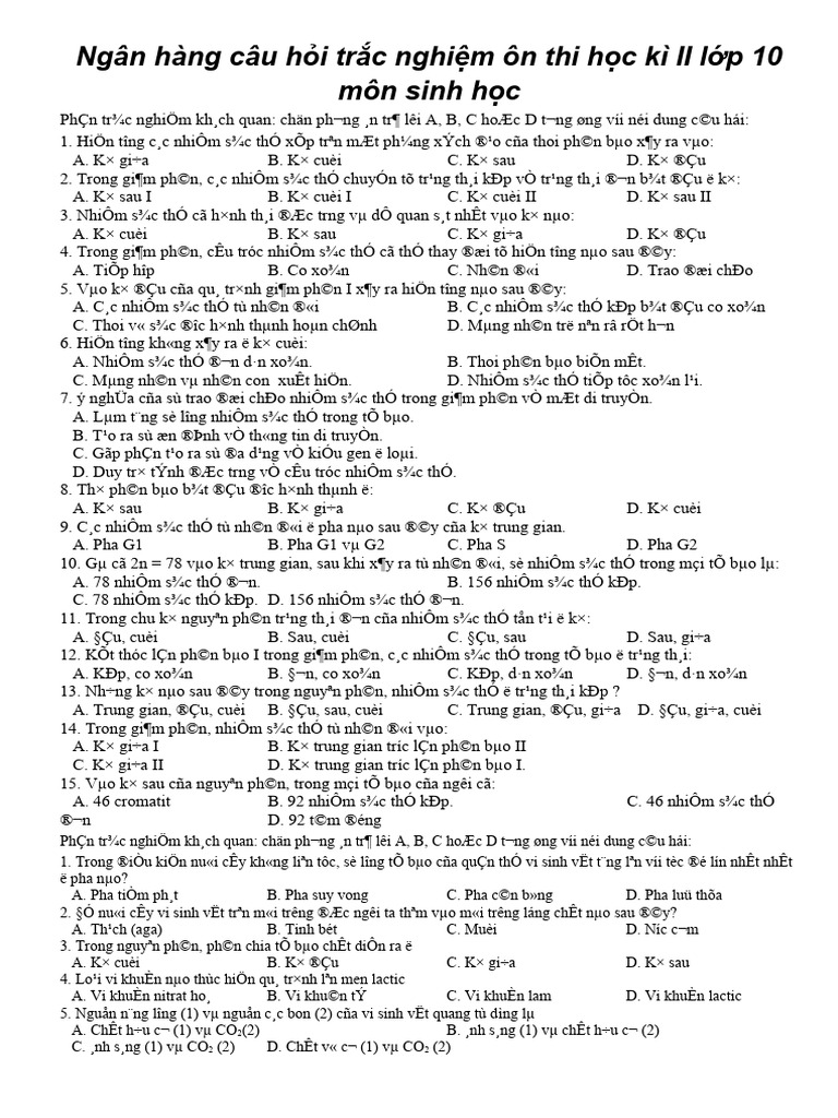 Ngan Hang Cau Hoi Trac Nghiem Mon Sinh Hoc | PDF
