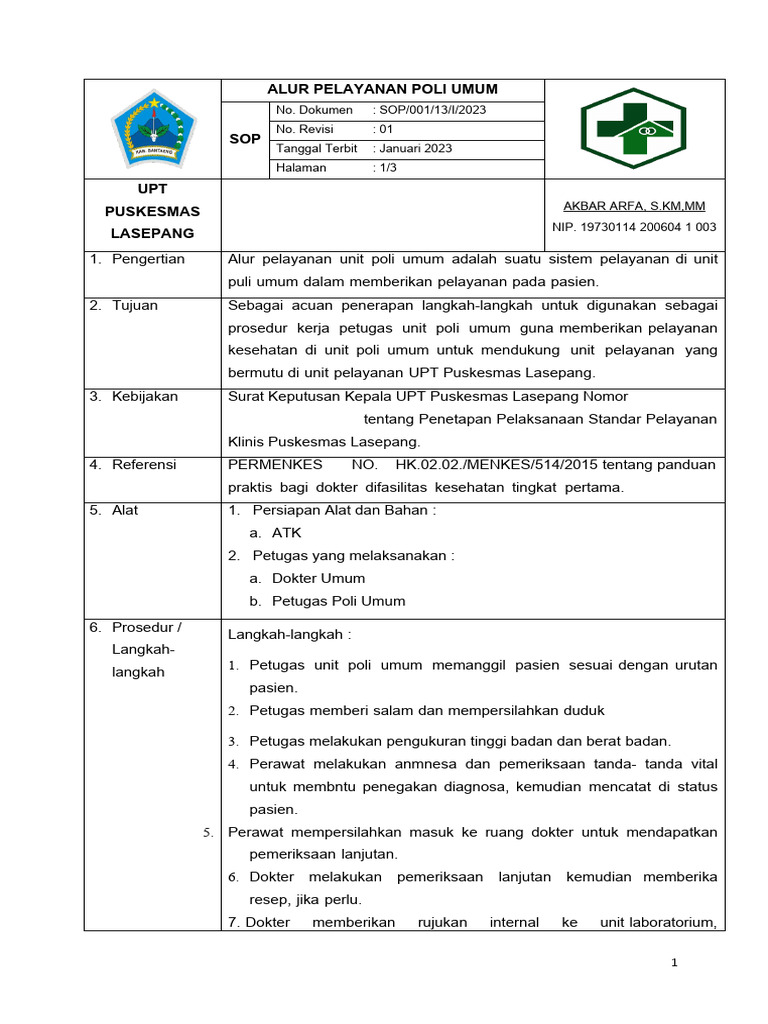 Sop Alur Pelayanan Poli Umum | PDF