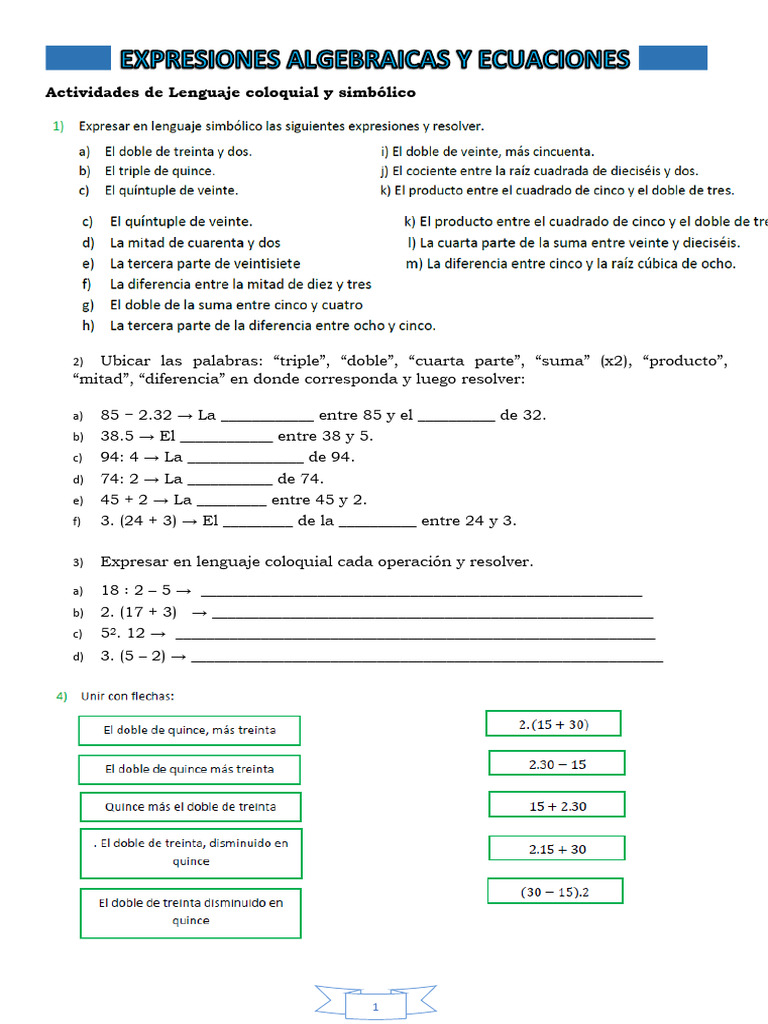 Práctica Lenguaje Coloquial y Simbólico | PDF | Ecuaciones | Matemáticas