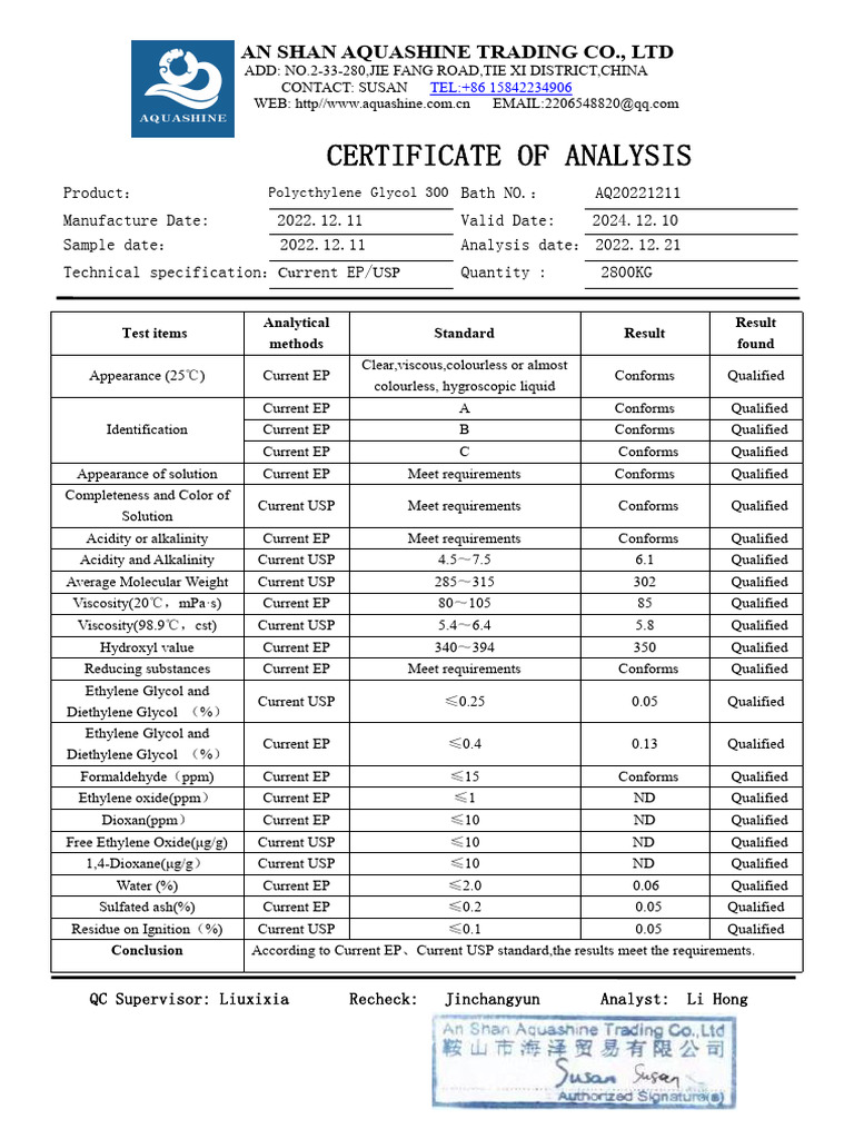 Polyethylene Glycol 300 (PEG-300) COA | PDF | Viscosity | Polyethylene ...