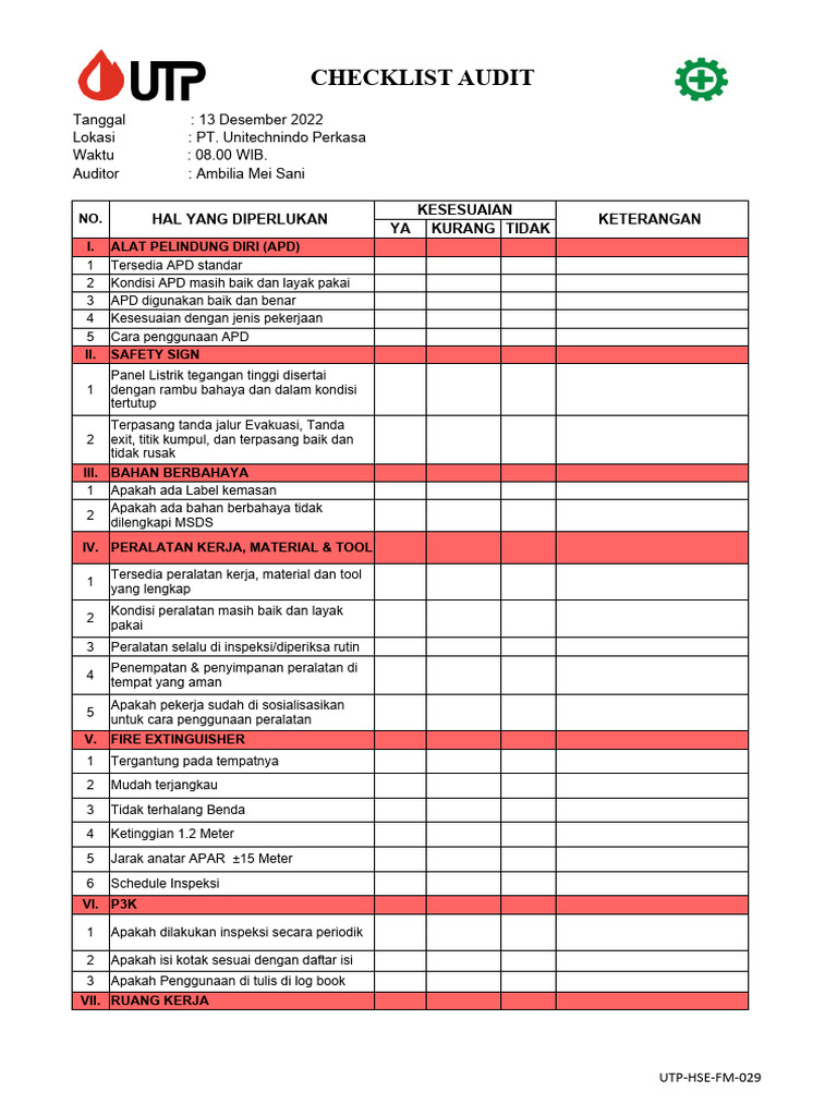 FM-HSE-029 Ceklist Audit | PDF