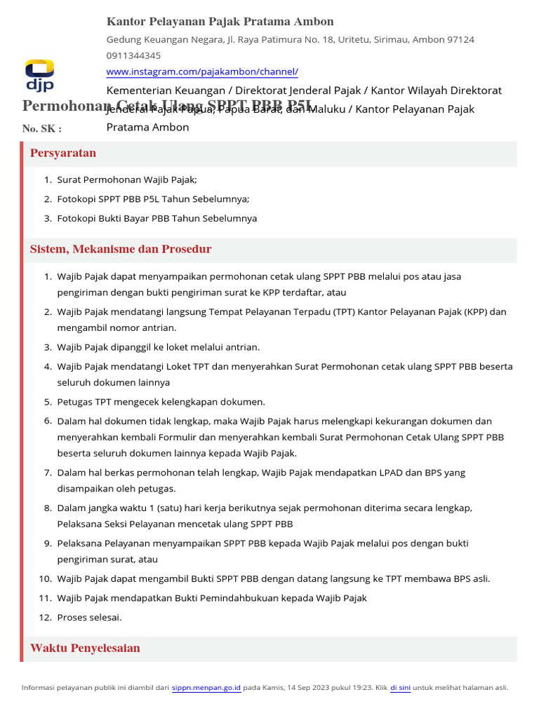 Unduh Standar Pelayanan - Permohonan Cetak Ulang SPPT PBB P5L | PDF