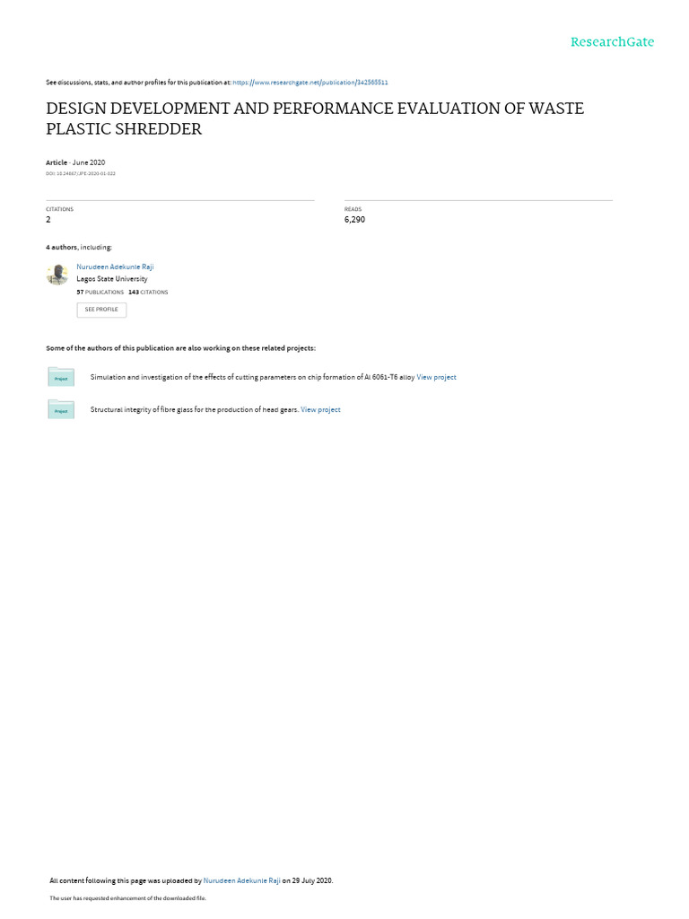 Waste Plastic Shredder Design in Nigeria | PDF | Belt (Mechanical) | Gear