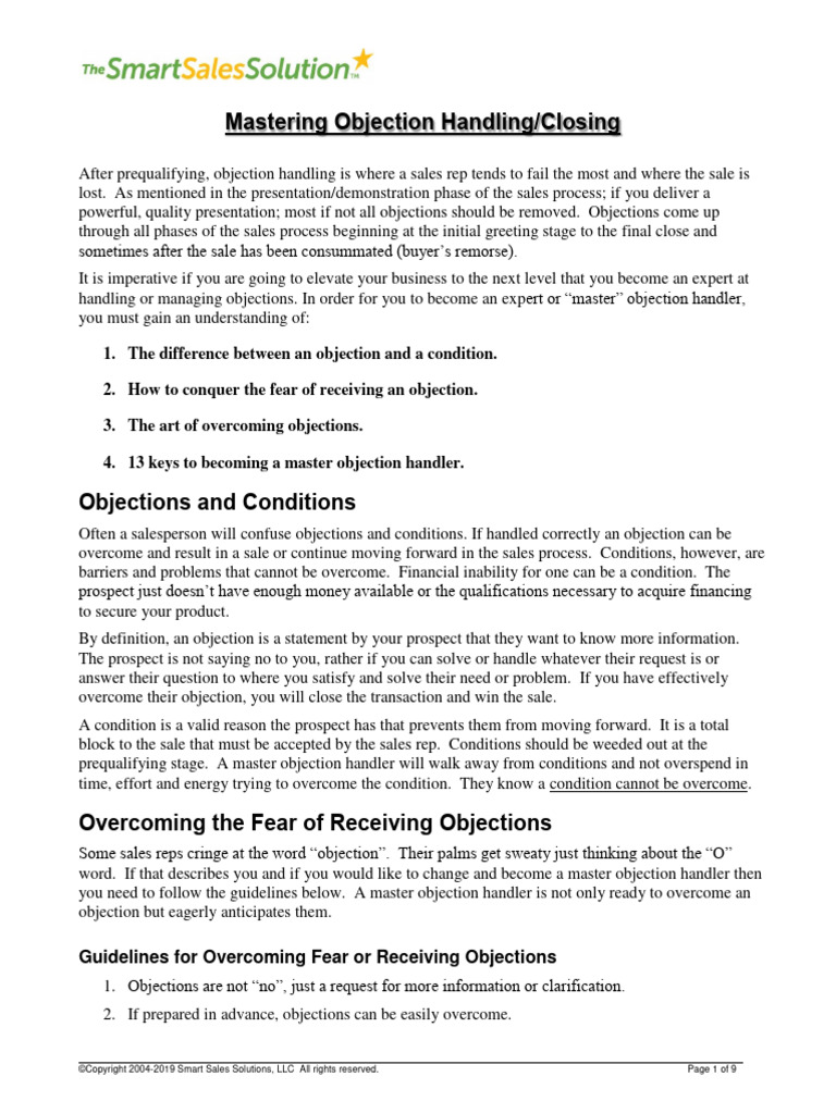 Mastering Objection Handling Closing | PDF | Sales | Prices Mastering Objection Handling Closing | PDF | Sales | Prices