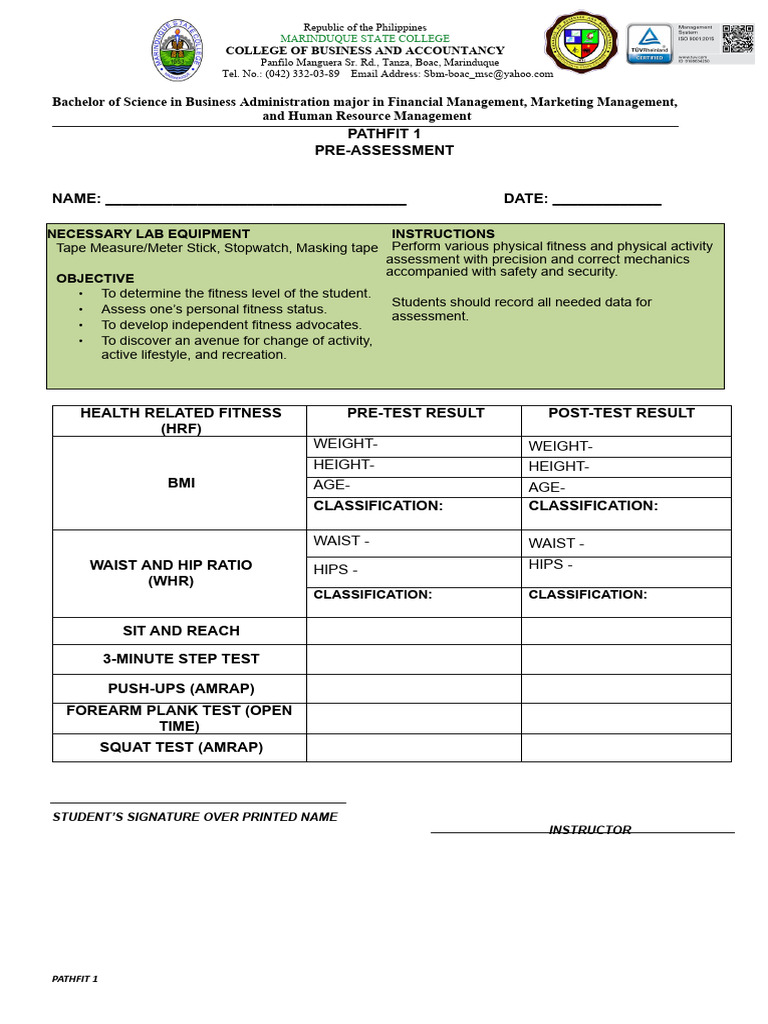 Pathfit 1 Pre Assessment | PDF | Body Mass Index | Waist