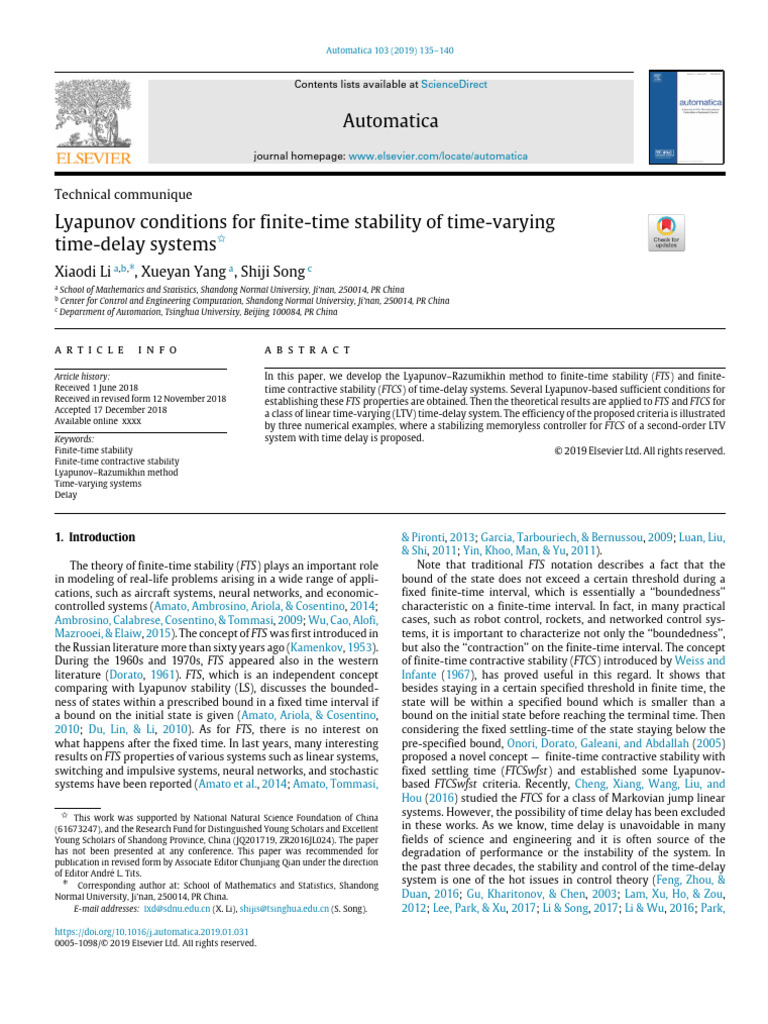 Lyapunov Conditions For Finite-Time Stability of Time-Varying Time ... Lyapunov Conditions For Finite-Time Stability of Time-Varying Time ...