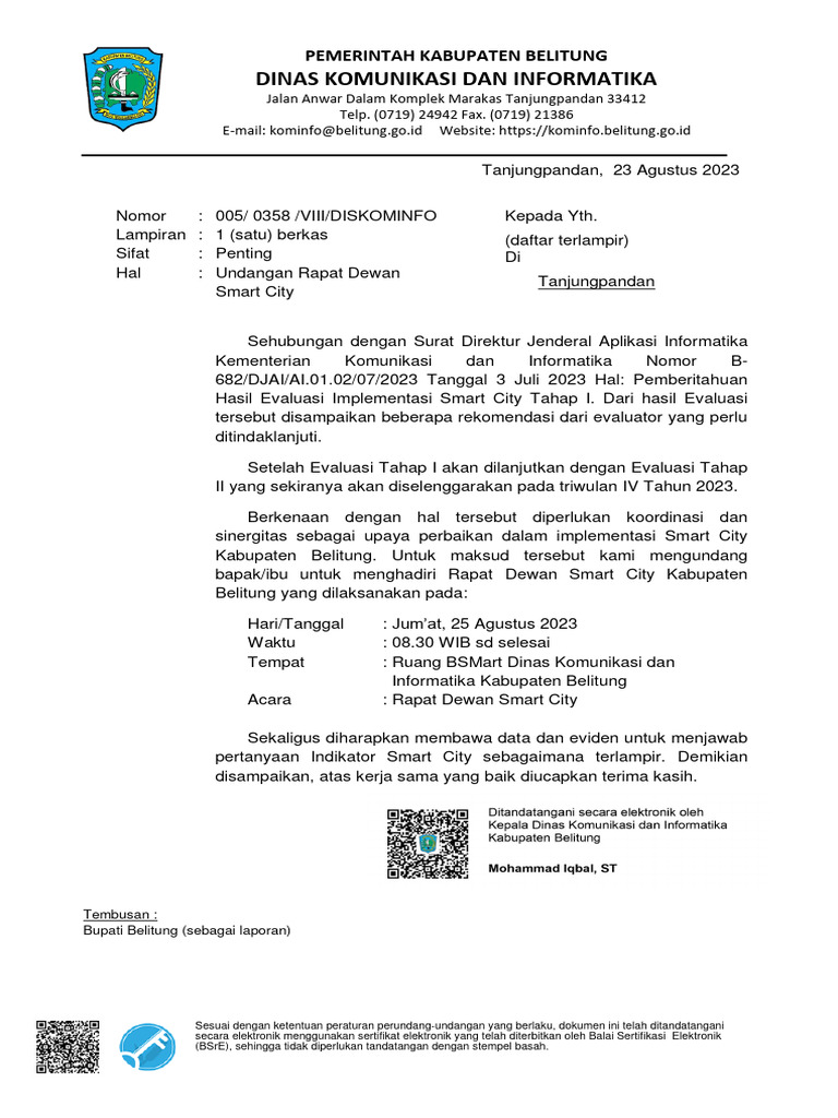 Undangan Rapat Smart City 25 Agustus | PDF