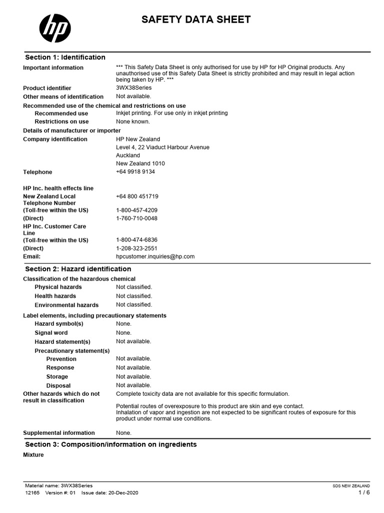 HP Data Sheet | PDF | Dangerous Goods | Hazards
