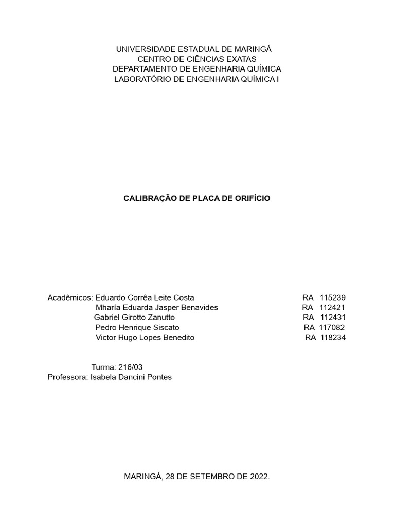 CALIBRAÇÃO DE PLACA DE ORIFÍCIO | PDF | Pressão | Mecânica dos fluidos