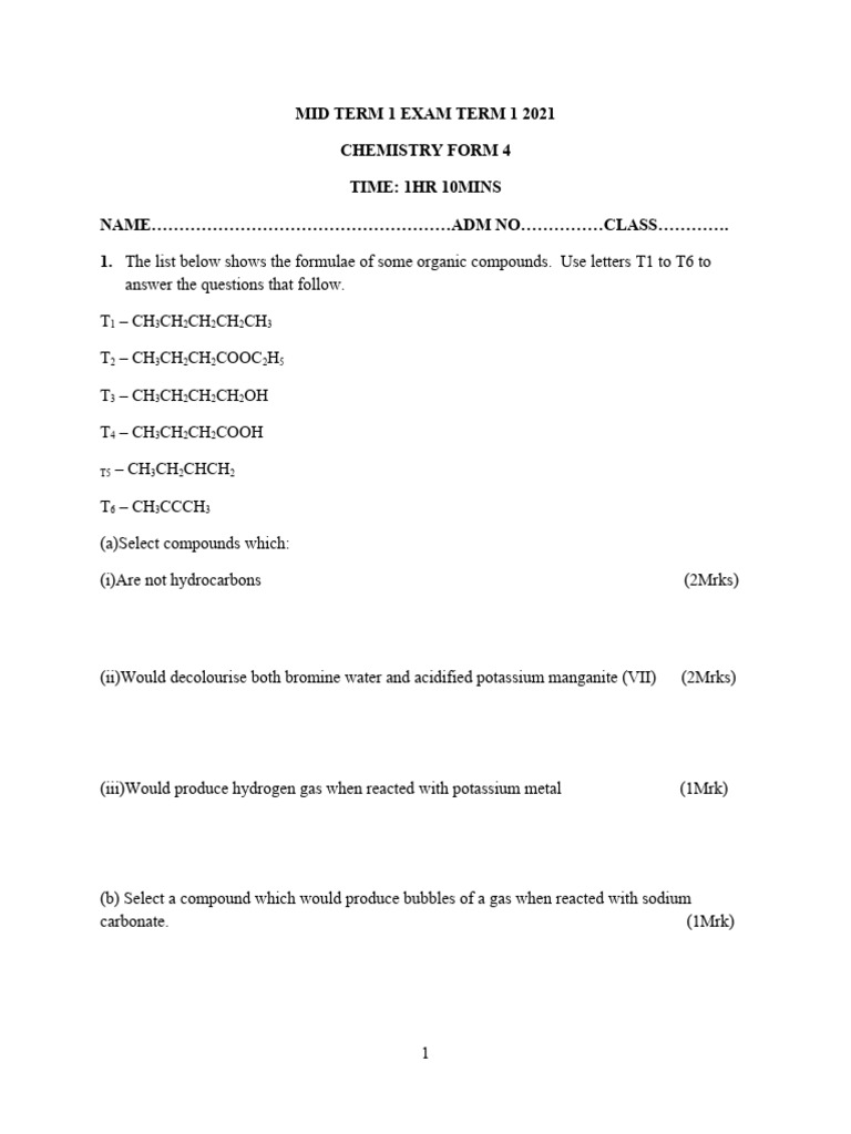 Set1 Chem Qsnts MidTerm 1 2021 Teacher - Co - .Ke F4 Exam | PDF | Sodium Hydroxide | Sodium